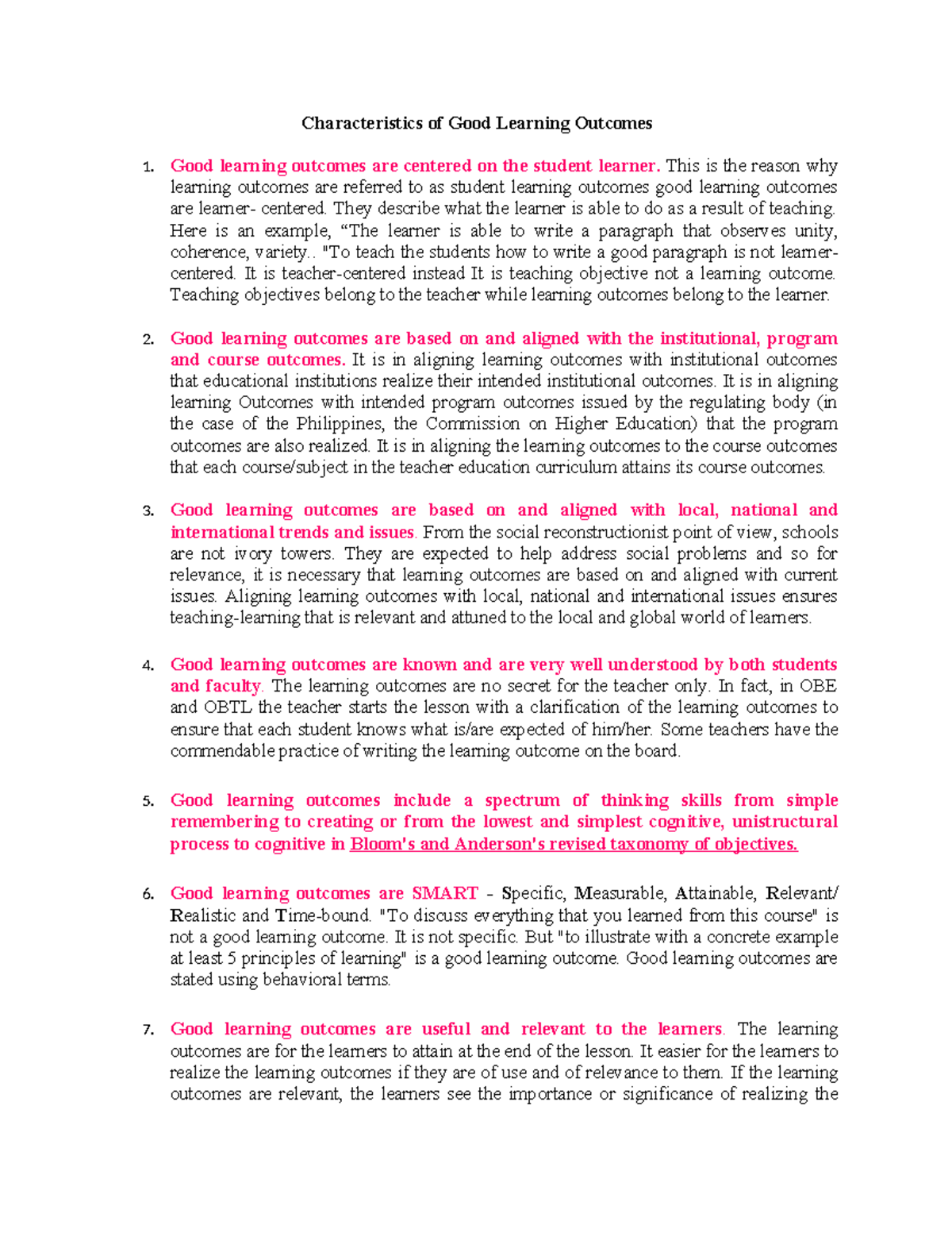 Characteristics of Effective Student Learning Outcomes - Studocu