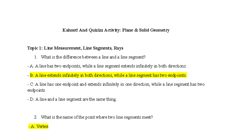 Kahoot! & Quizizz Activity: Plane Solid Geometry (Topic 1-5) - Studocu