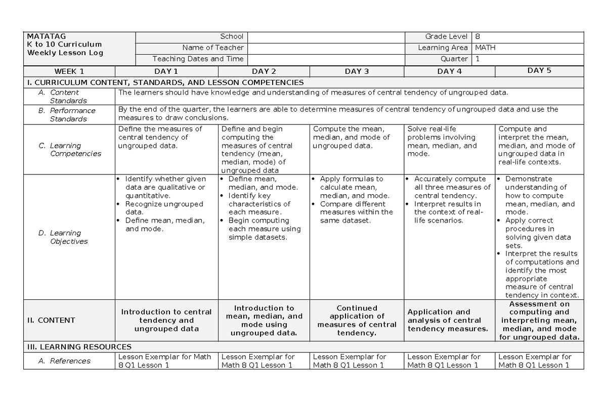 Math 8 Q1 DLL: Measures of Central Tendency - Week 1 Lesson Log - Studocu