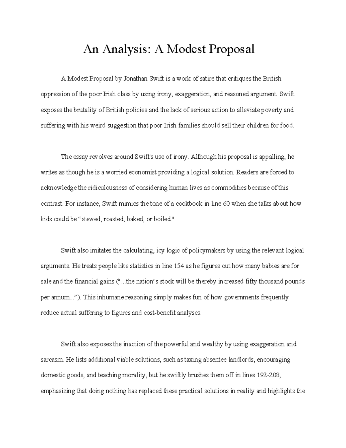 ENG 101: Essay Analysis of Jonathan Swift's A Modest Proposal - Studocu