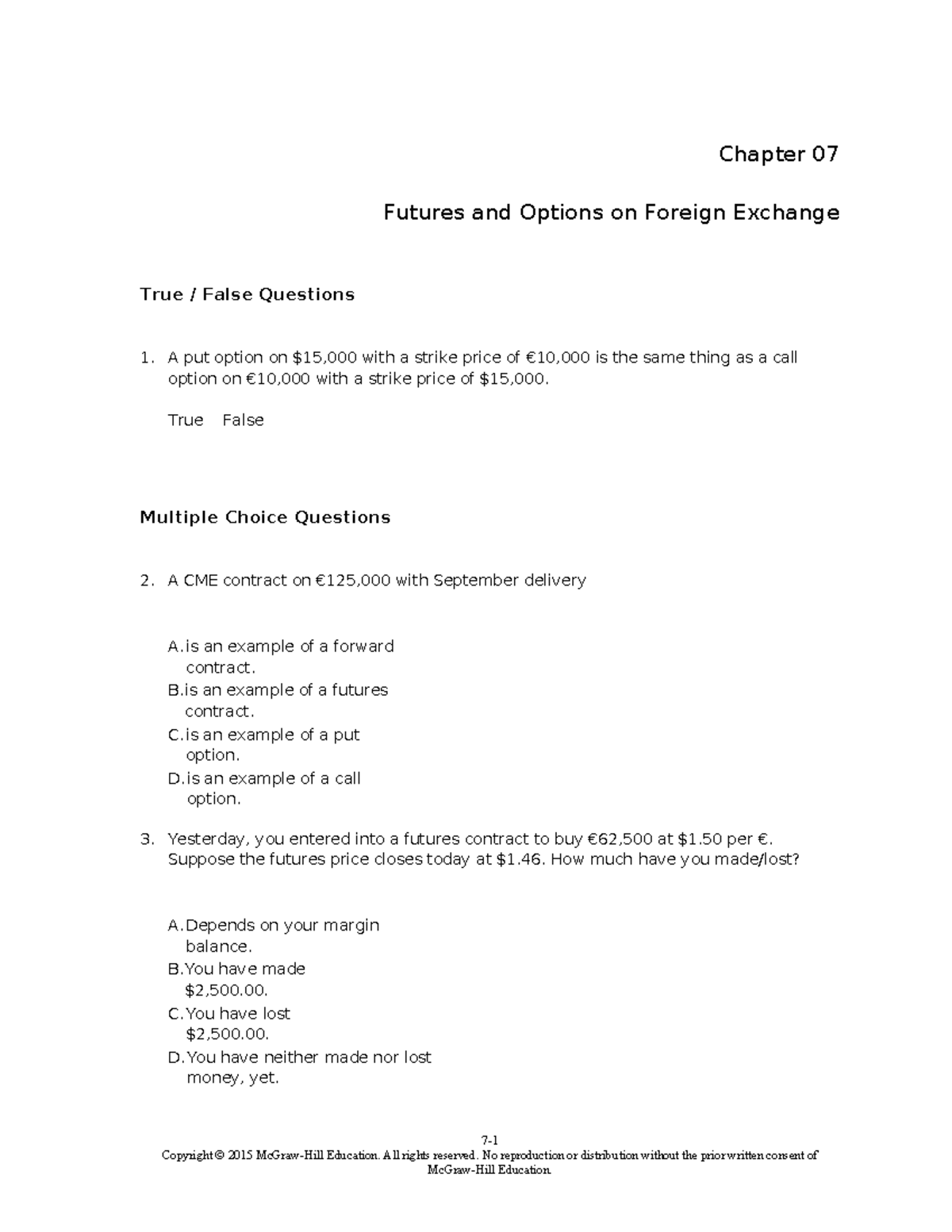 TBChap 007 Futures and Options Exercises: True/False & MCQs - Studocu