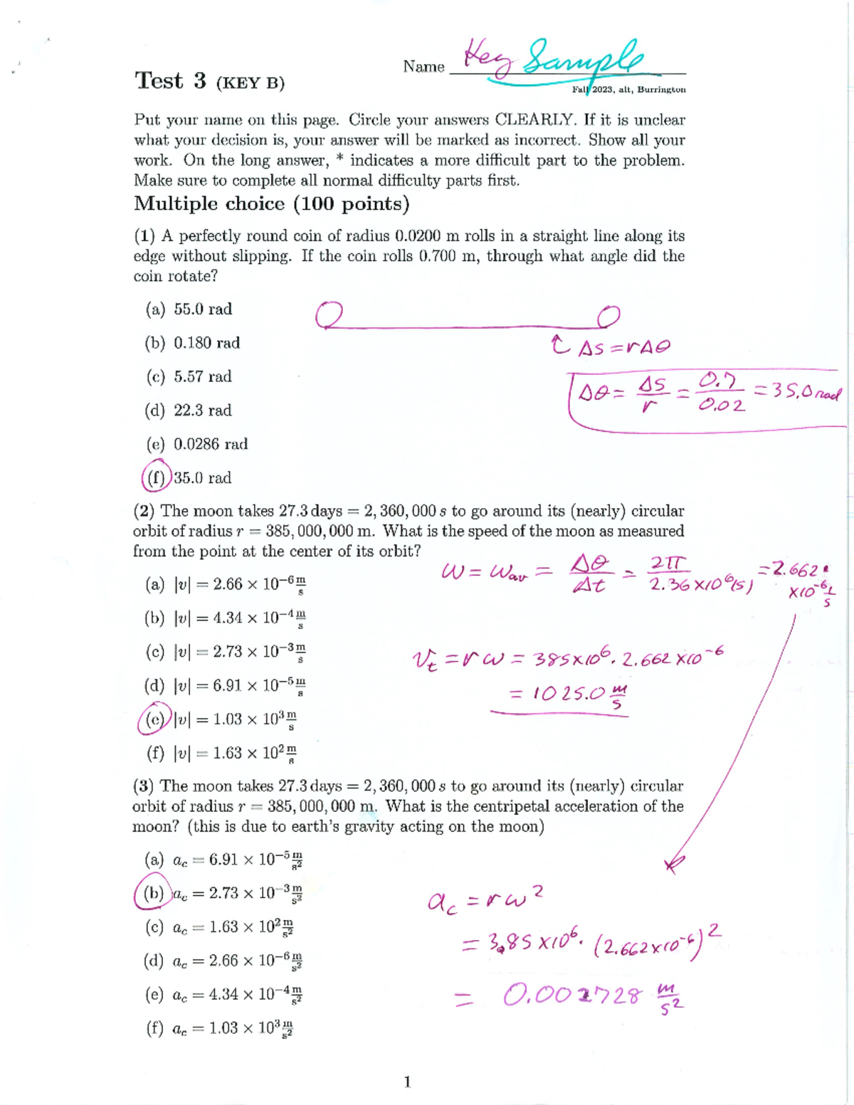 Physics 1 Test 3 Key B Answers - Sample Fall 2023 - Studocu