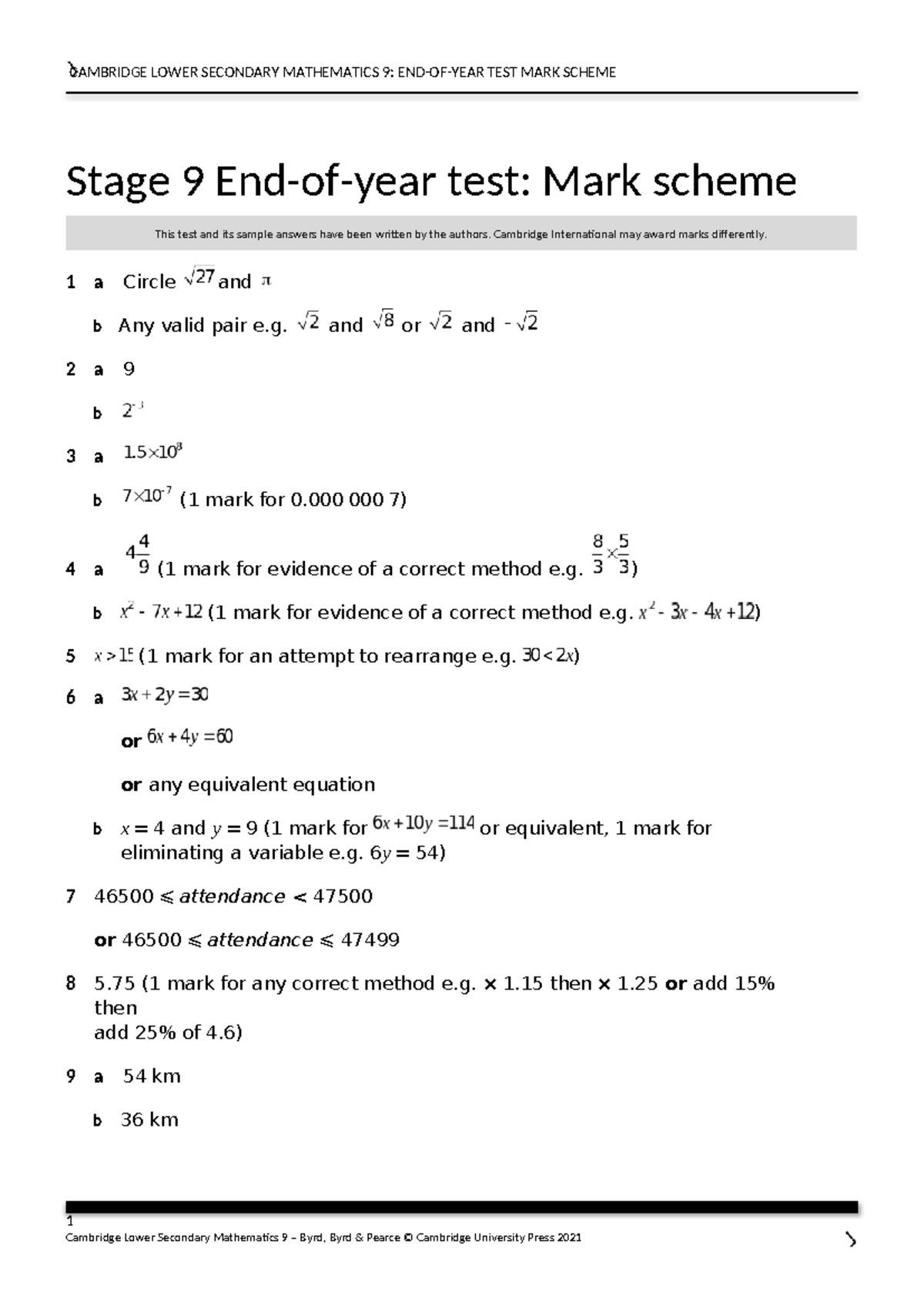 CAMBRIDGE LOWER SECONDARY MATHEMATICS 9: END OF YEAR TEST ANSWERS - Studocu