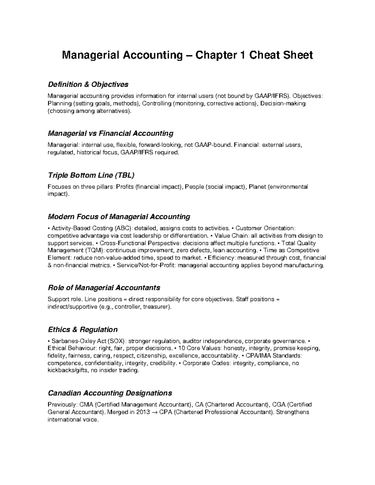 Managerial Accounting (ACCT 101) Chapter 1 Cheat Sheet Overview - Studocu