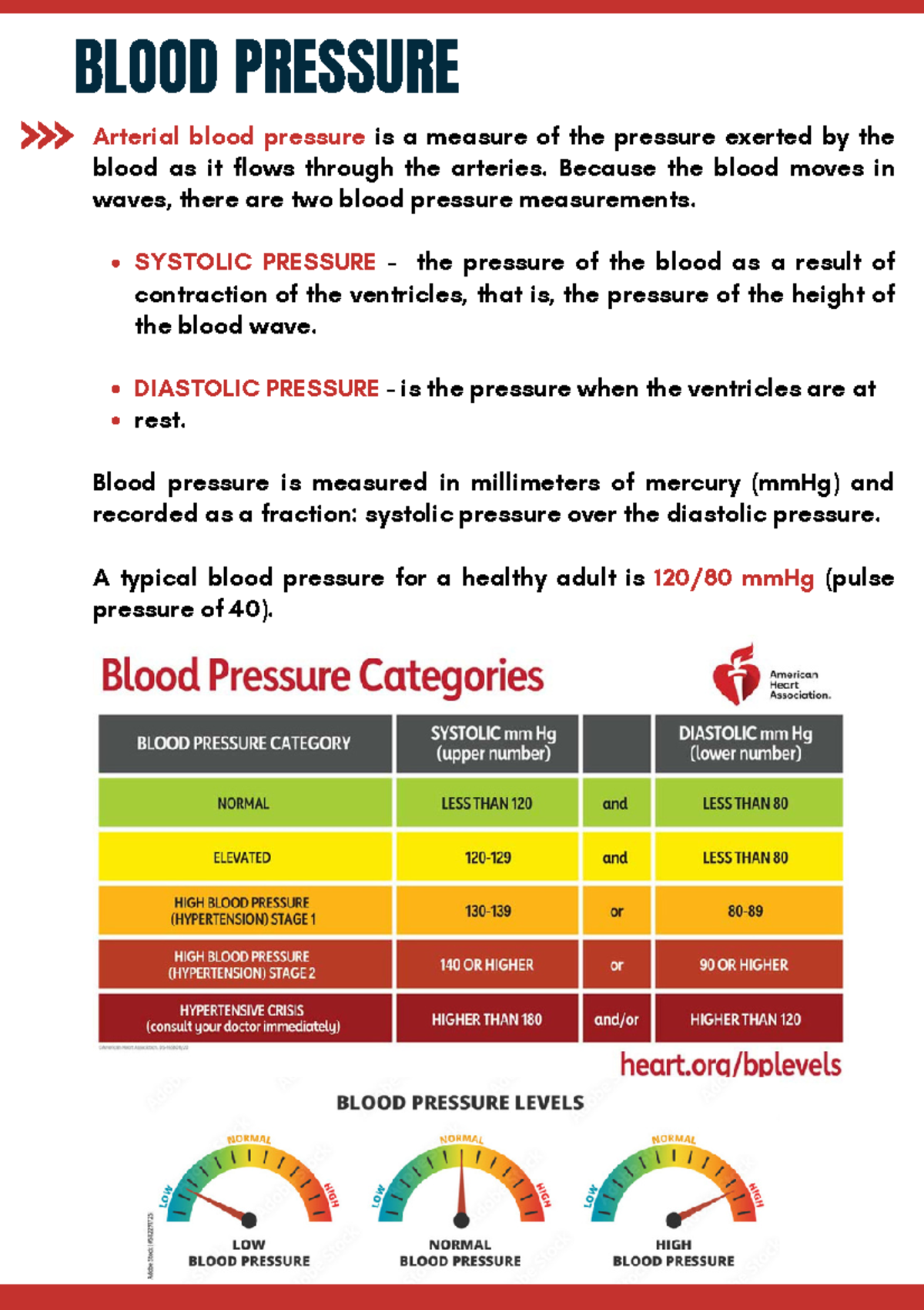 Blood Pressure - Arterial blood pressure is a measure of the pressure ...
