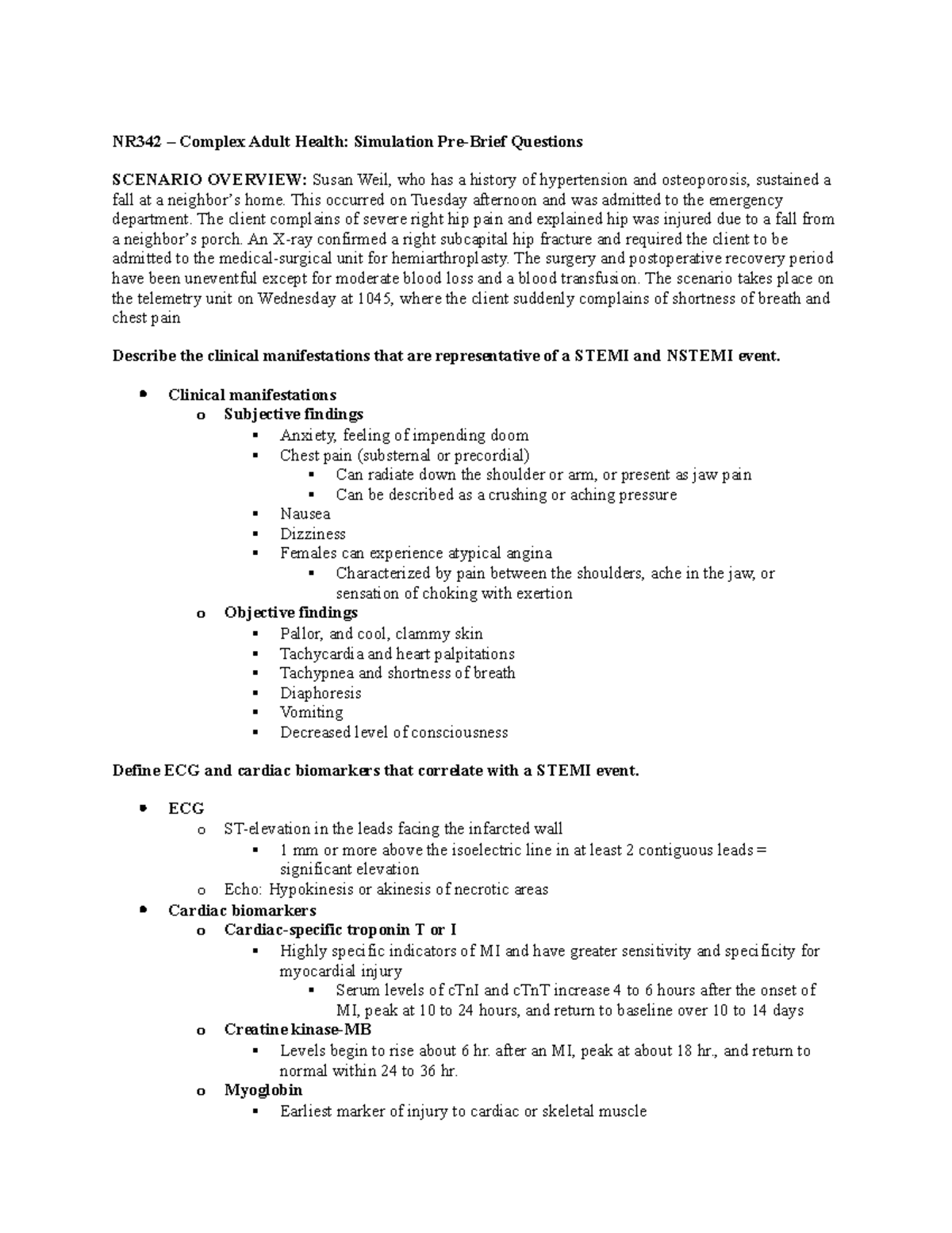 NR342 - Complex Adult Health - Simulation Pre-Brief Questions - NR342 ...