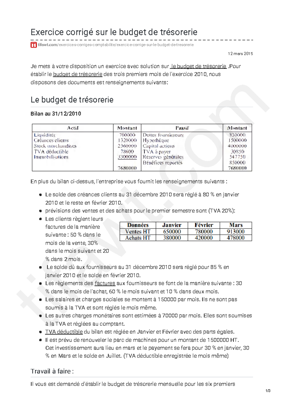 Exercice Corrigé Budget de Trésorerie 2010 - Comptabilité - Studocu