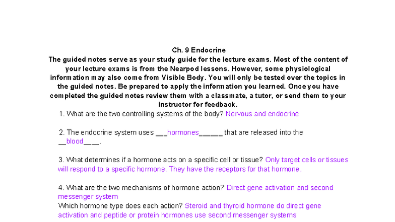 Guided Notes on Endocrine System for Lecture Exams (Ch. 9) - Studocu