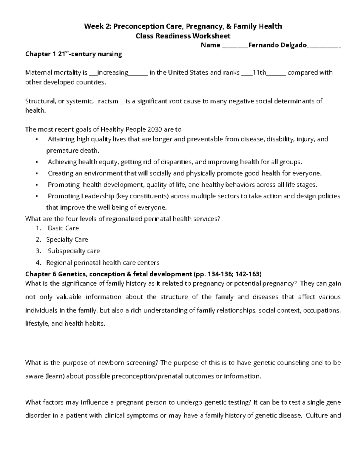 Week 2 Class Readiness Worksheet: Preconception & Pregnancy Care - Studocu