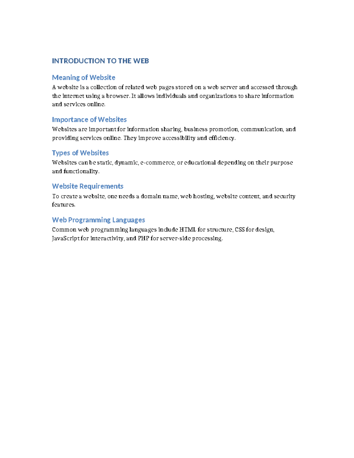 Introduction to Web: Understanding Websites and Their Importance - Studocu