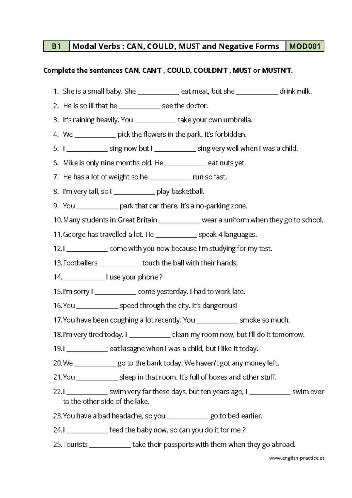 B1 Modal Verbs: CAN, COULD, MUST - Complete the Sentences MOD001 - Studocu