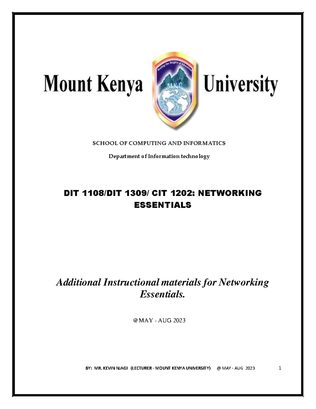 Lesson 1 Introduction TO Computer Networking - SCHOOL OF COMPUTING AND ...