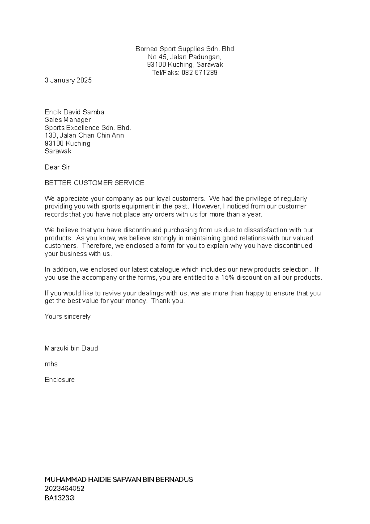 BA1323G Customer Service Improvement Letter to Sports Excellence Sdn ...