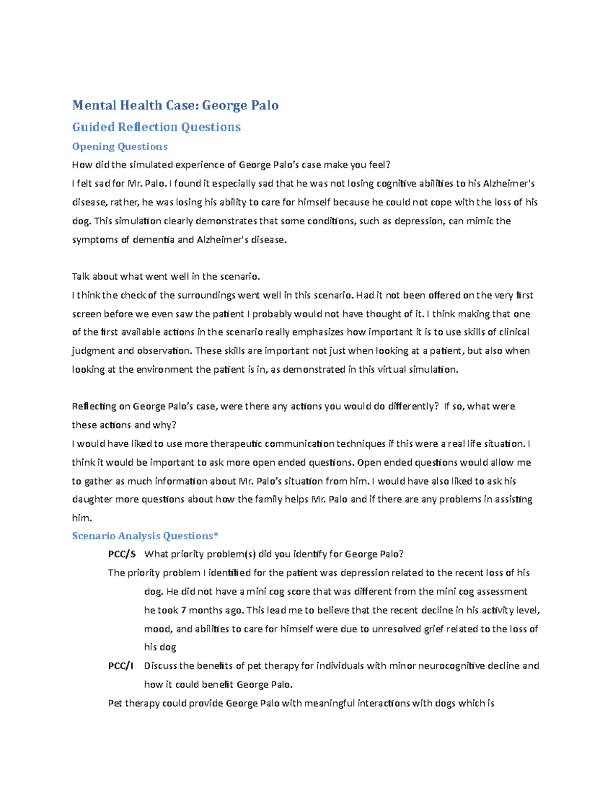 George Palo: Guided Reflection on Mental Health Case Study - Studocu