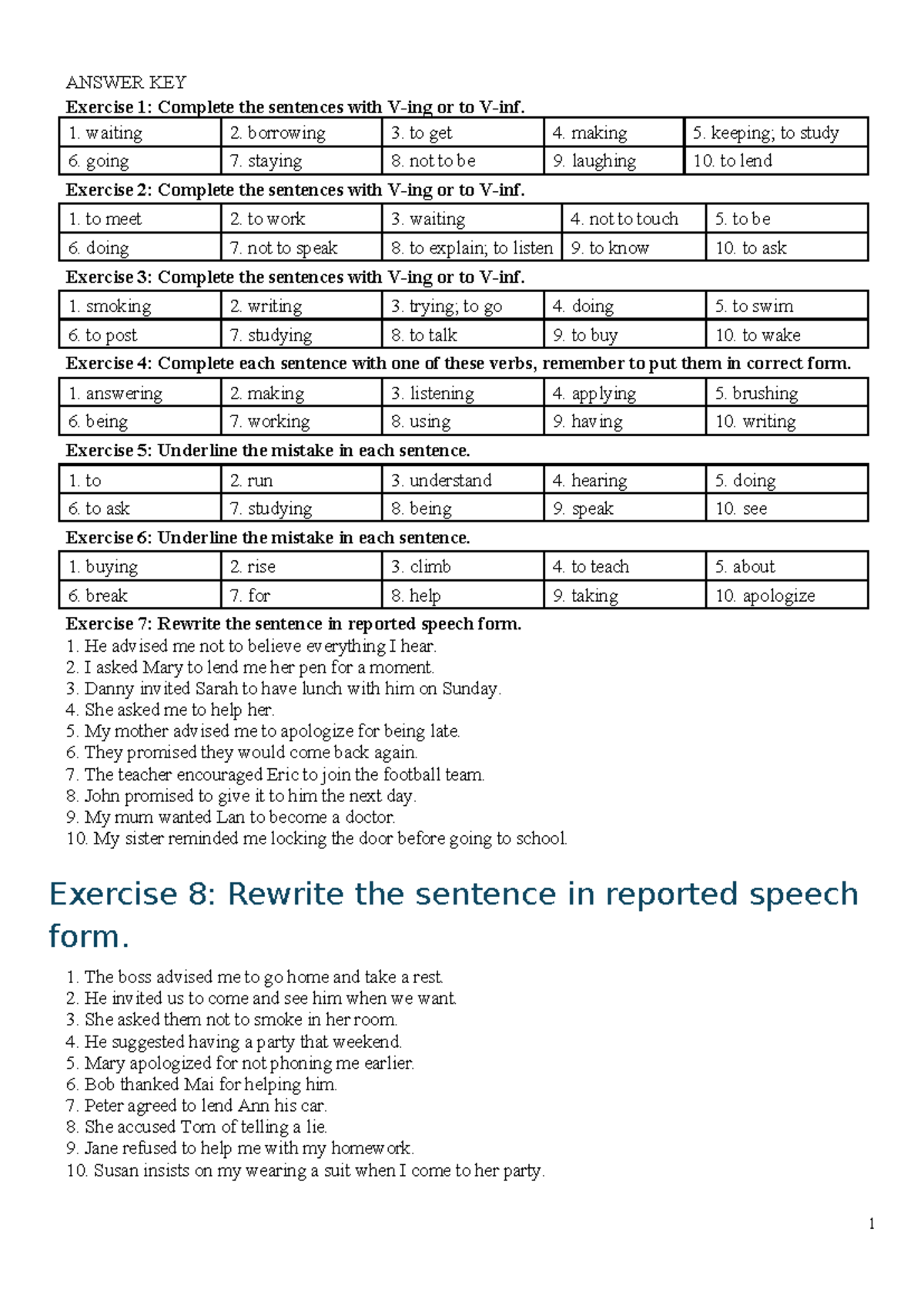 ANSWER KEY: To-V vs Ving Exercises for English Grammar - Studocu