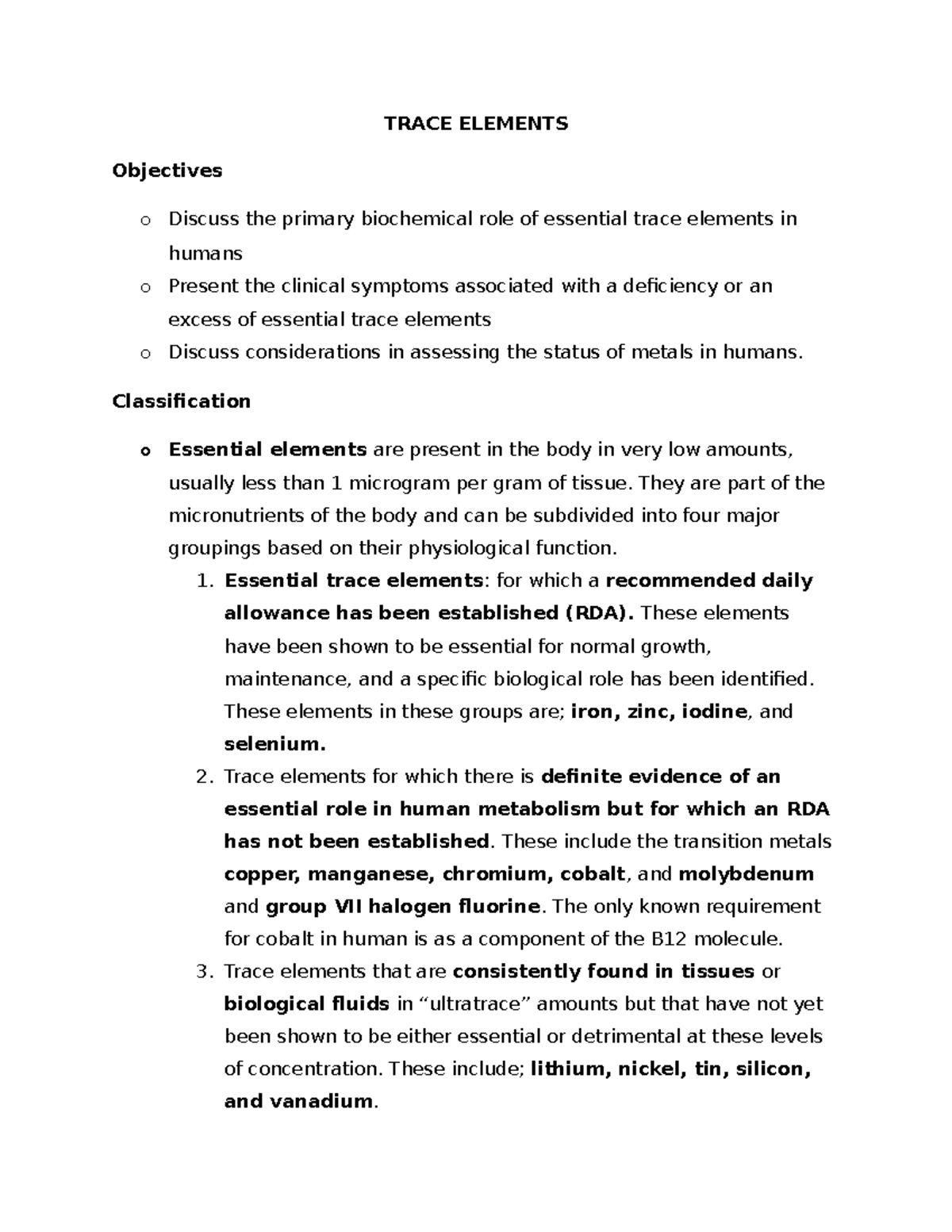 Lecture 2: Essential Trace Elements and Their Clinical Significance ...