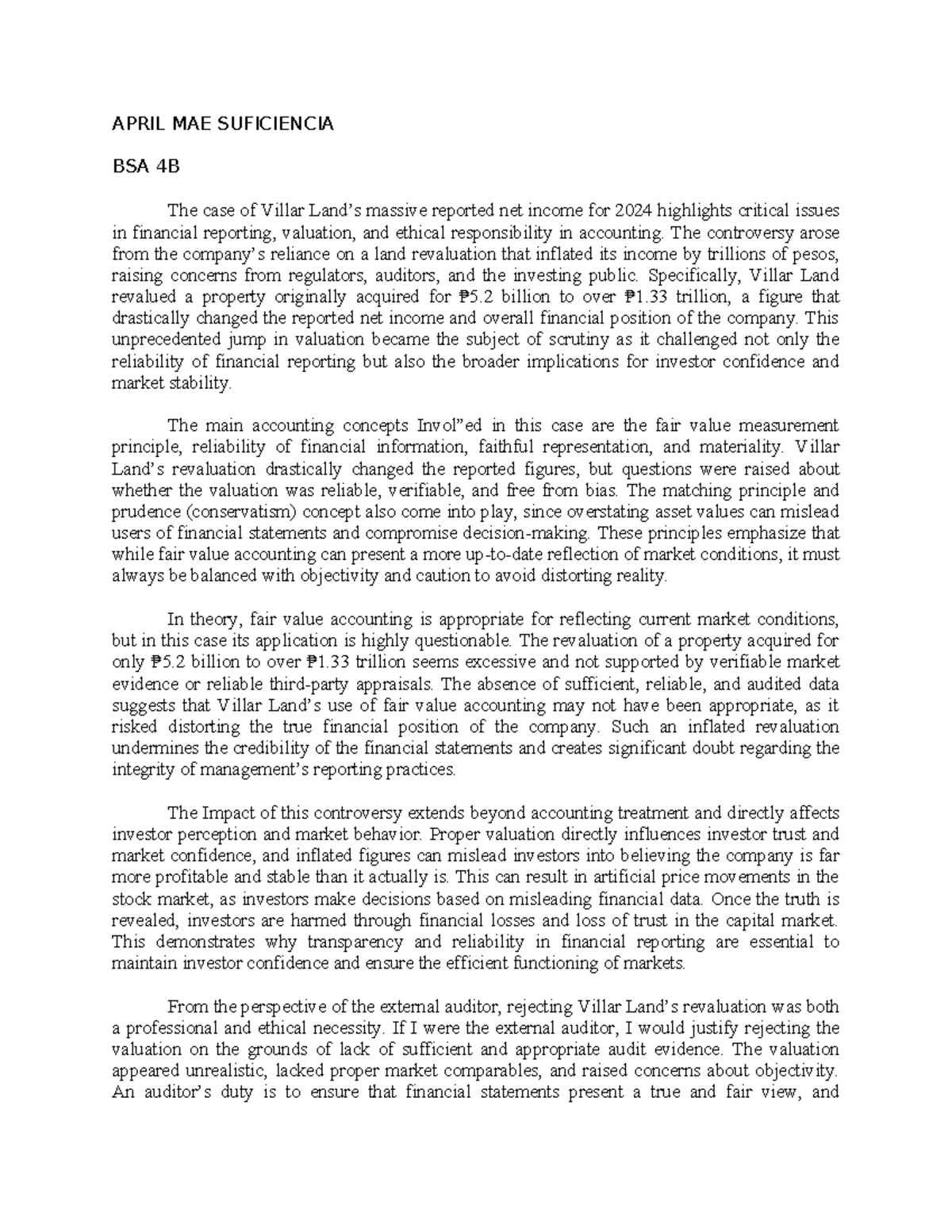 Case Study: Villar's Controversial Land Revaluation in 2024 (BSA 4B) - Studocu