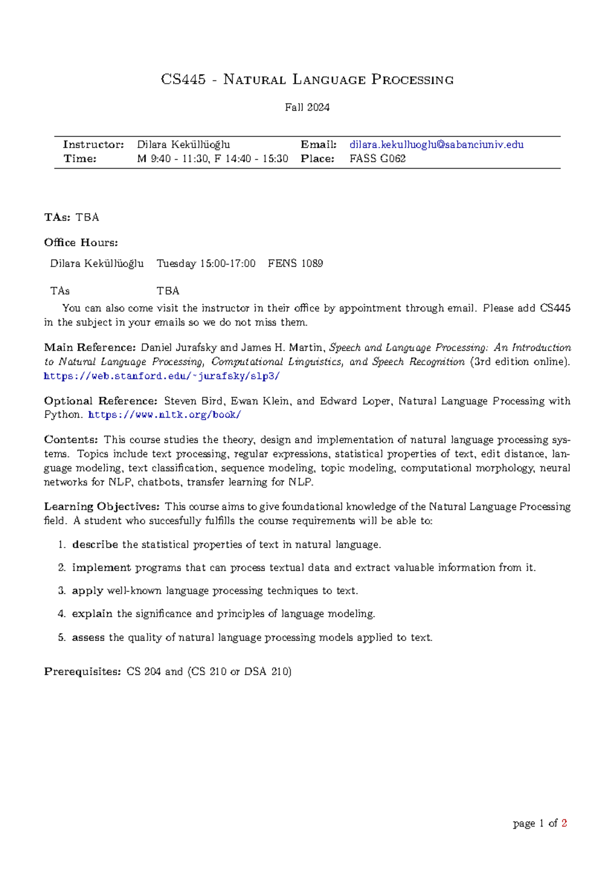 CS445 Syllabus - .aa - CS445 - Natural Language Processing Fall 2024 ...