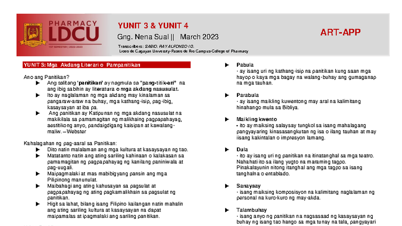 ART-APP Midterm Notes: Mga Akdang Pampanitikan at Sining Biswal - Studocu