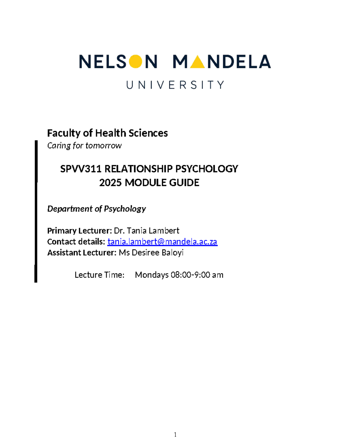 SPVV311 Relationship Psychology 2025 Module Guide and Course Outline ...
