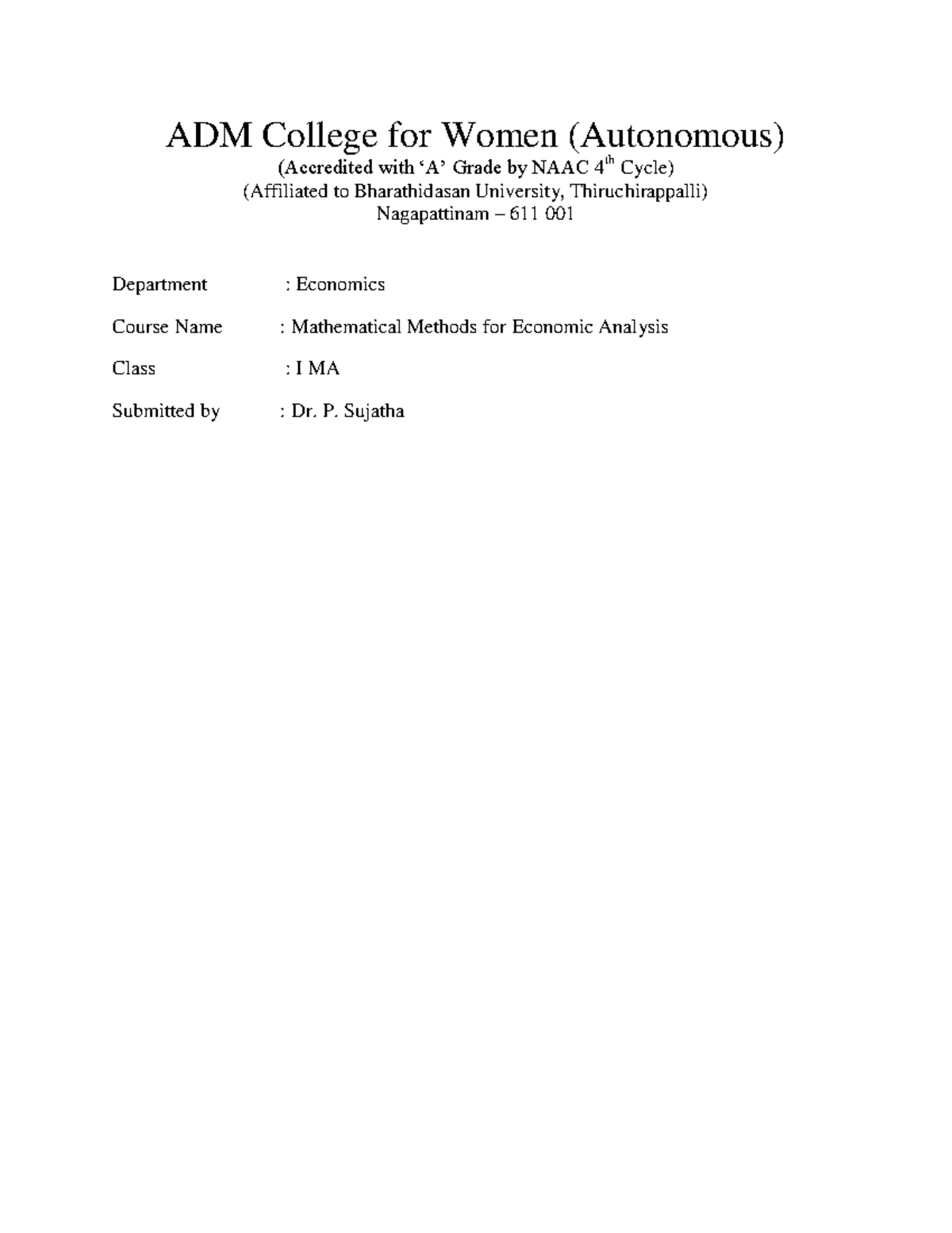 Economics - Mathematical Methods for Economics Analysis - I MA ...