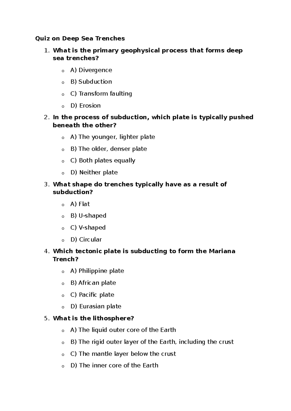 Quiz on Deep Sea Trenches - What is the primary geophysical process ...
