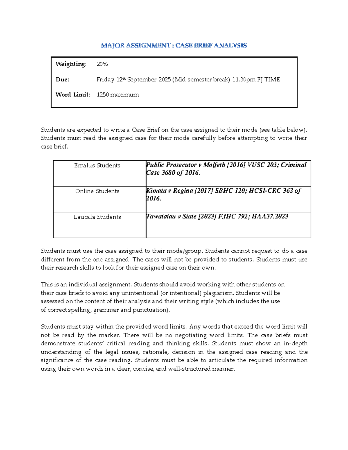 LW113 Case Brief Major Assignment Guidelines 2025 - Studocu