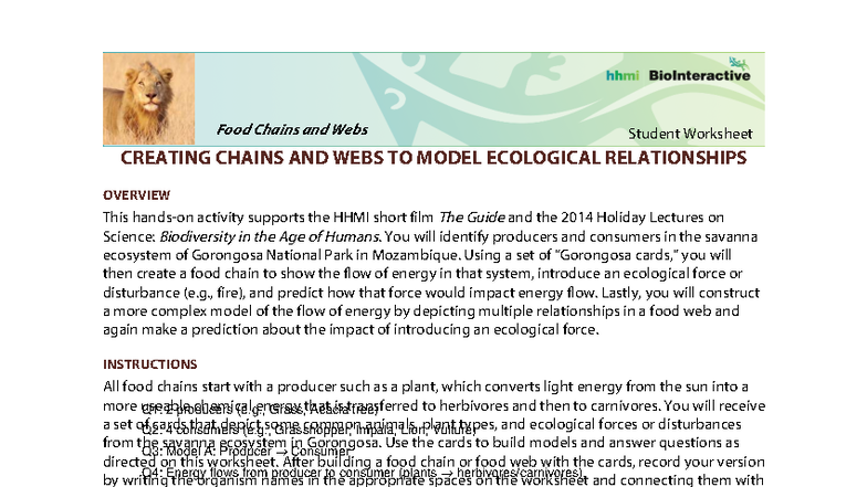 Food Chains and Webs Worksheet: Modeling Ecological Relationships - Studocu