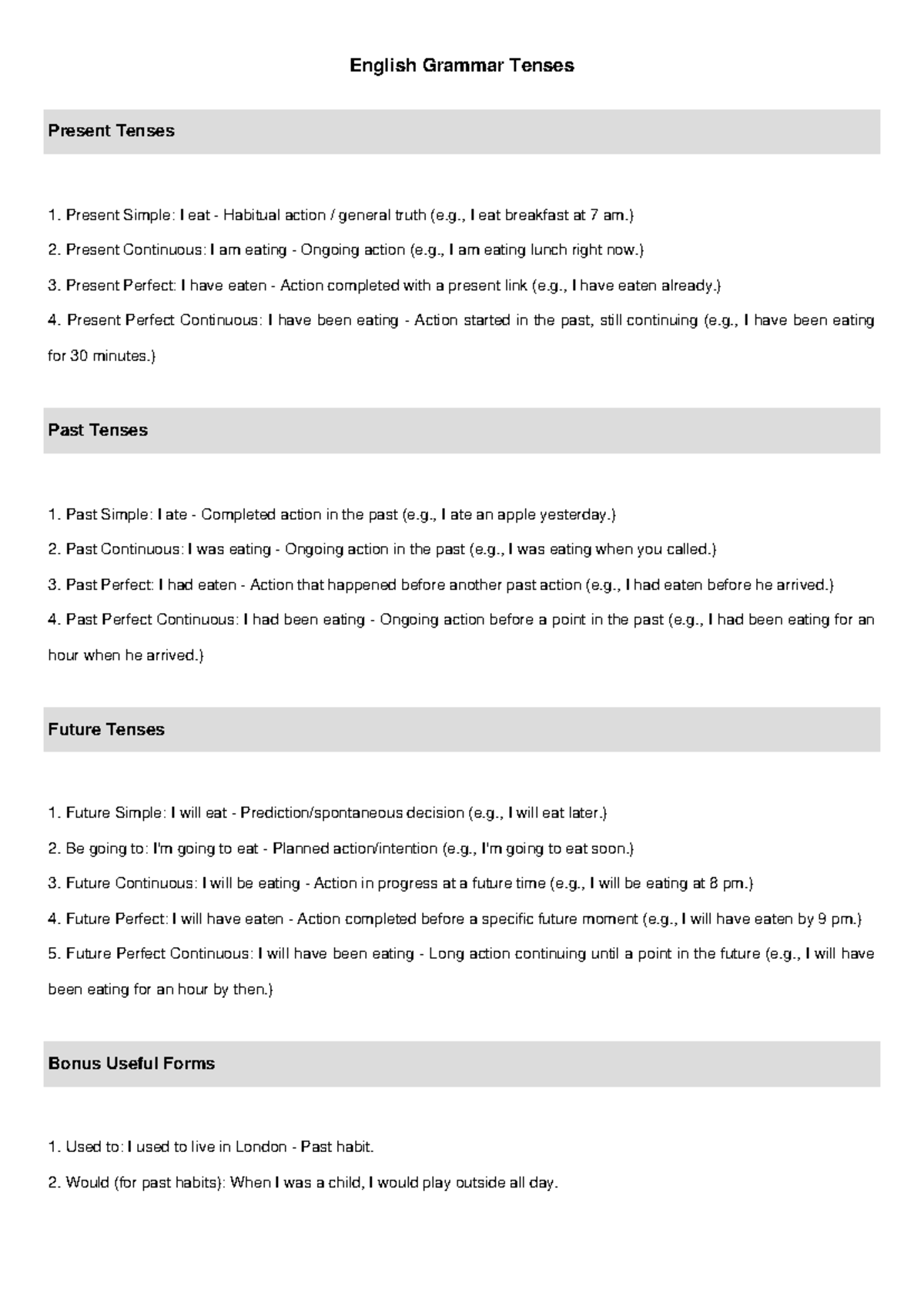 English Grammar Tenses Revision - English Grammar Tenses Present Tenses ...