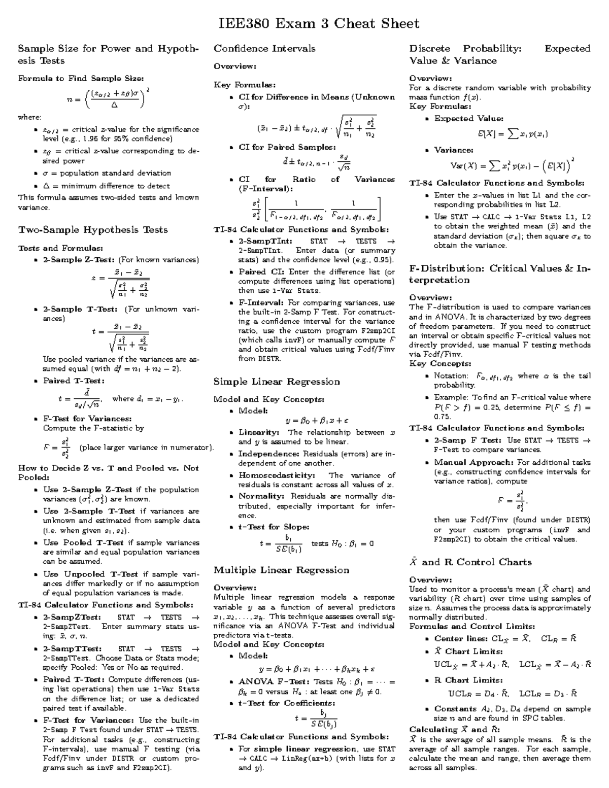 IEE380 Exam 3 Cheat Sheet: Sample Size & Hypothesis Testing Formulas ...