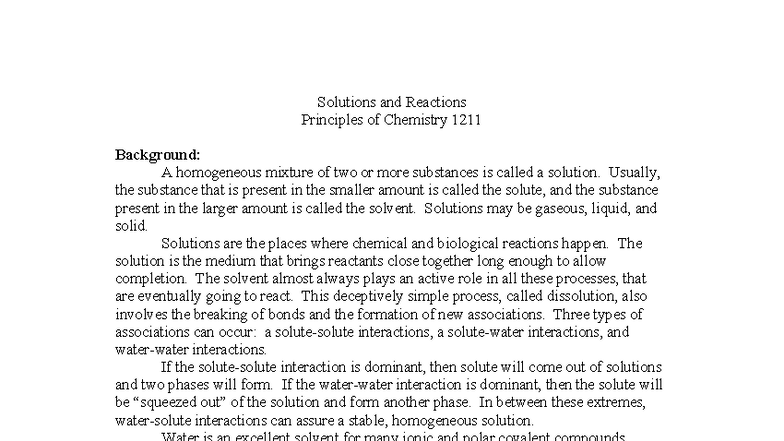 Lab 3: Solutions and Reactions Principles of Chemistry 1211 - Studocu