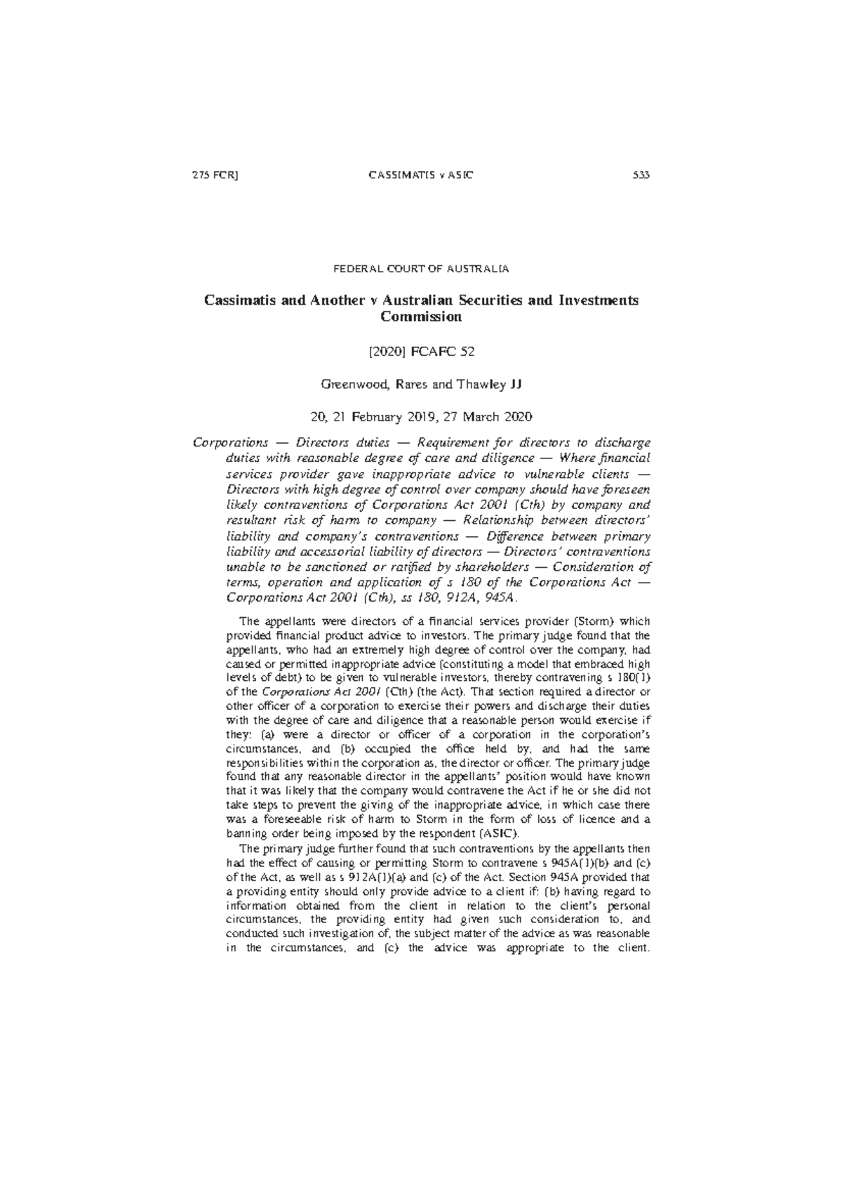 Cassimatis v ASIC (2020) 275 FCR 533: Directors' Duties & Breach of ...