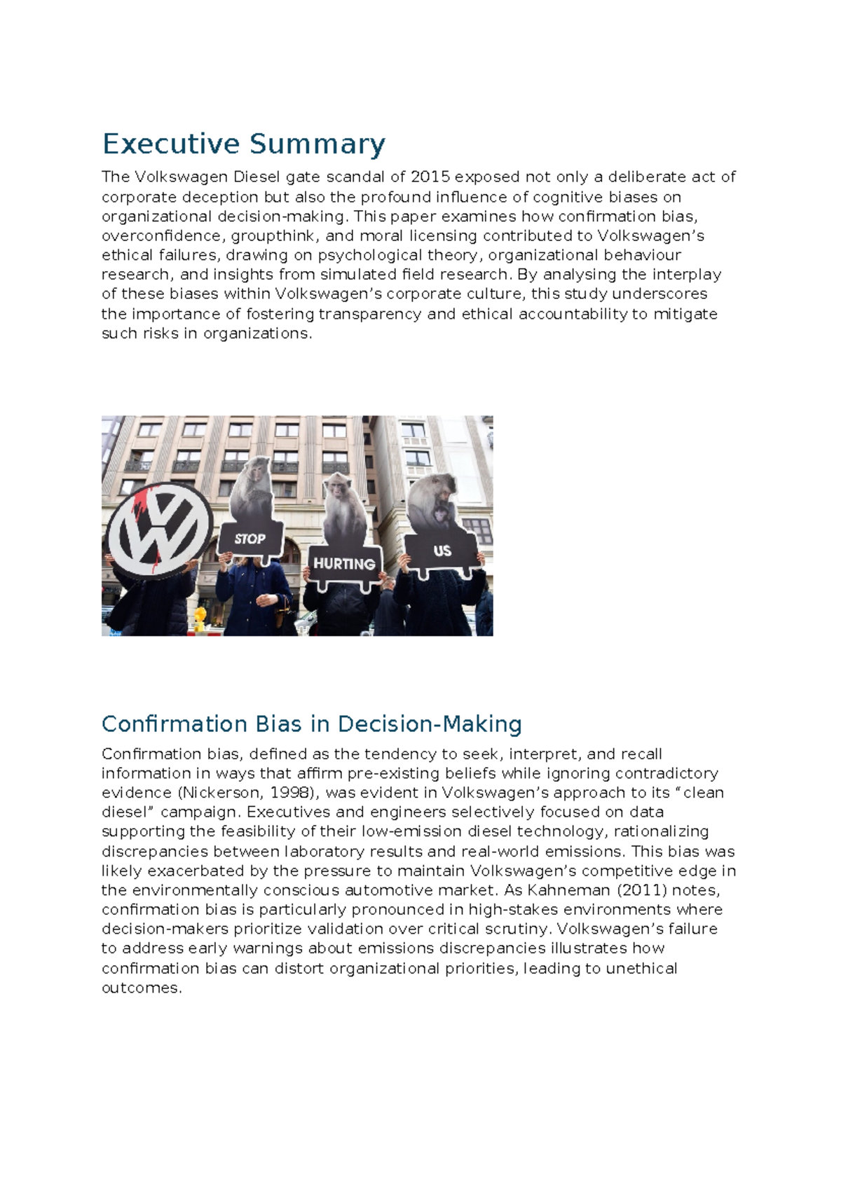 Analyzing Cognitive Biases in the Volkswagen Dieselgate Scandal - Studocu