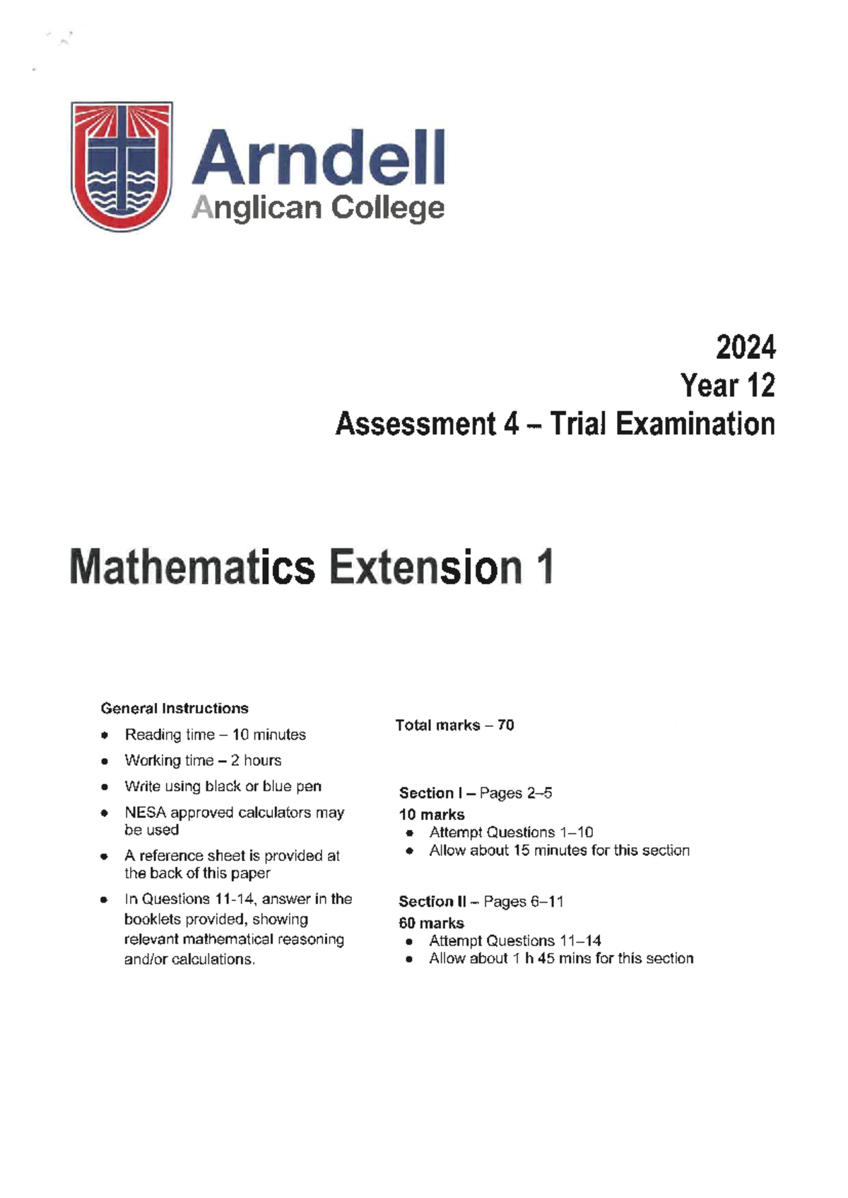 2024 Mathematics Extension 1 Trial Exam - Arndell Anglican College ...