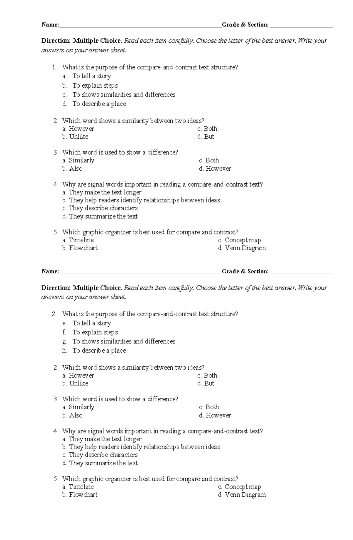 Grade Section: Multiple Choice Assessment on Text Structure and Signal ...