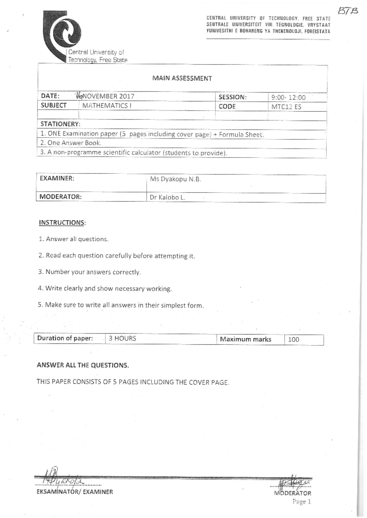 MTC12ES S2 2017 - Past Exam Papers Compilation - Studocu