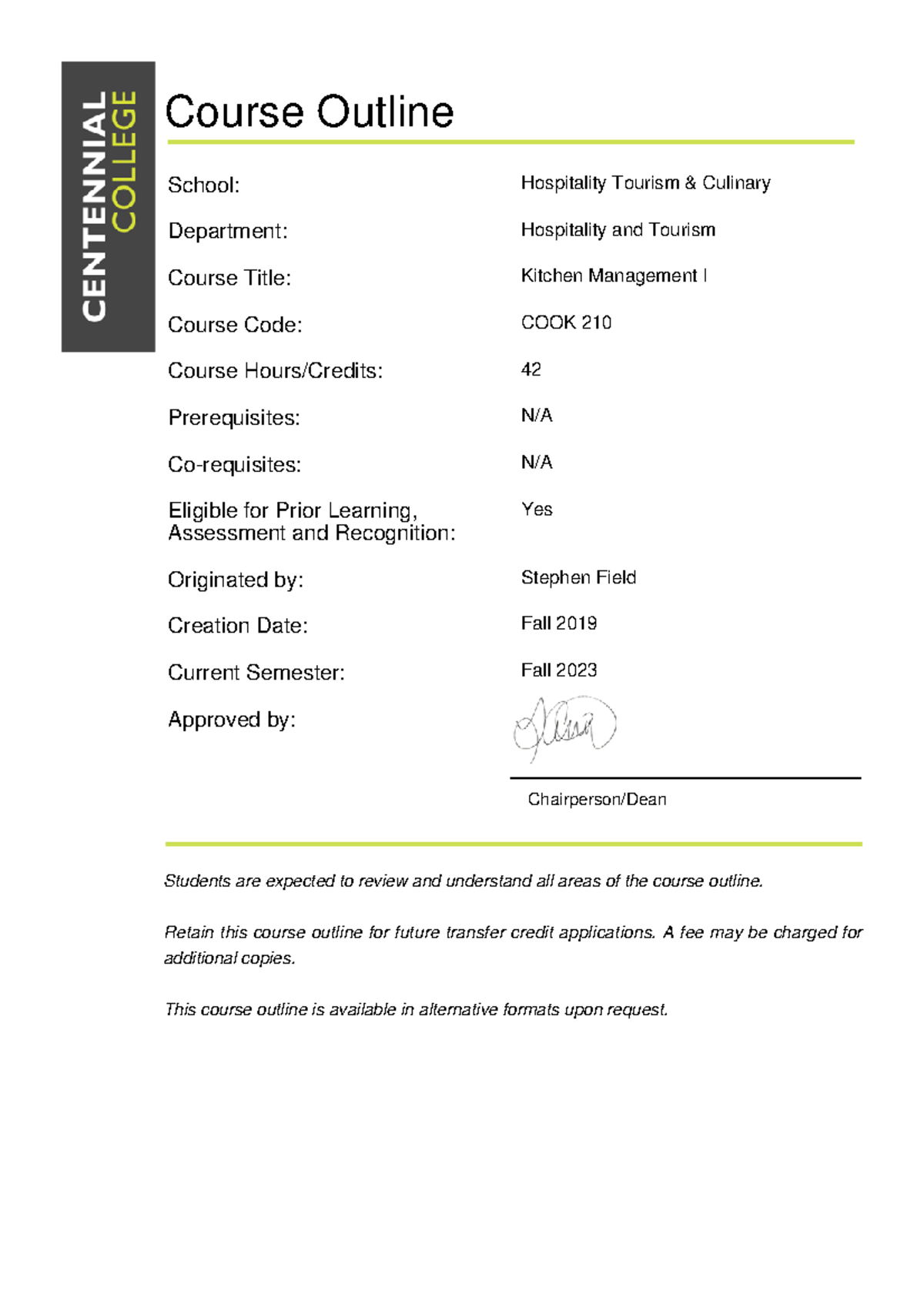 COOK 210 - Kitchen Management I Course Outline and Details - Studocu