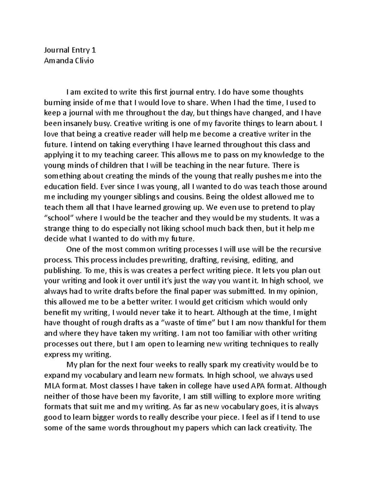 Journal Entry 1 - assignments and coursework - Journal Entry 1 Amanda ...