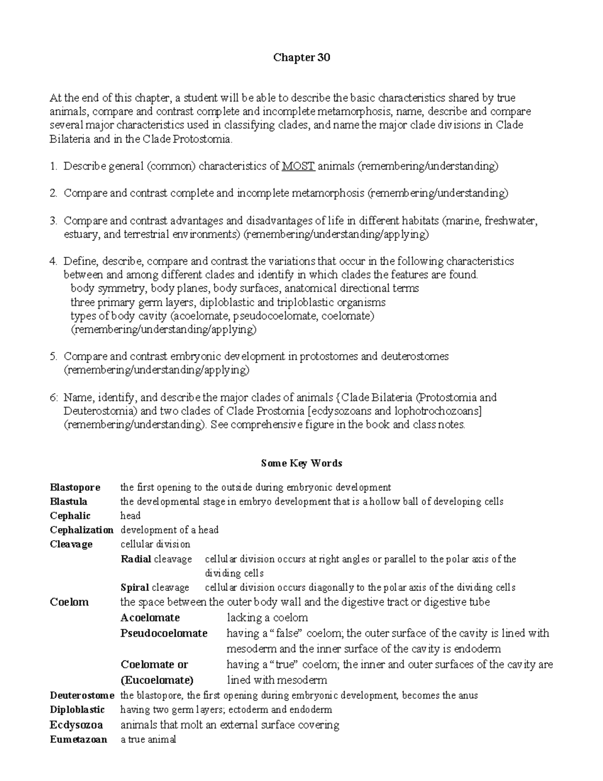 Chapter 30: Animal Characteristics and Clade Classification SP26 Notes ...