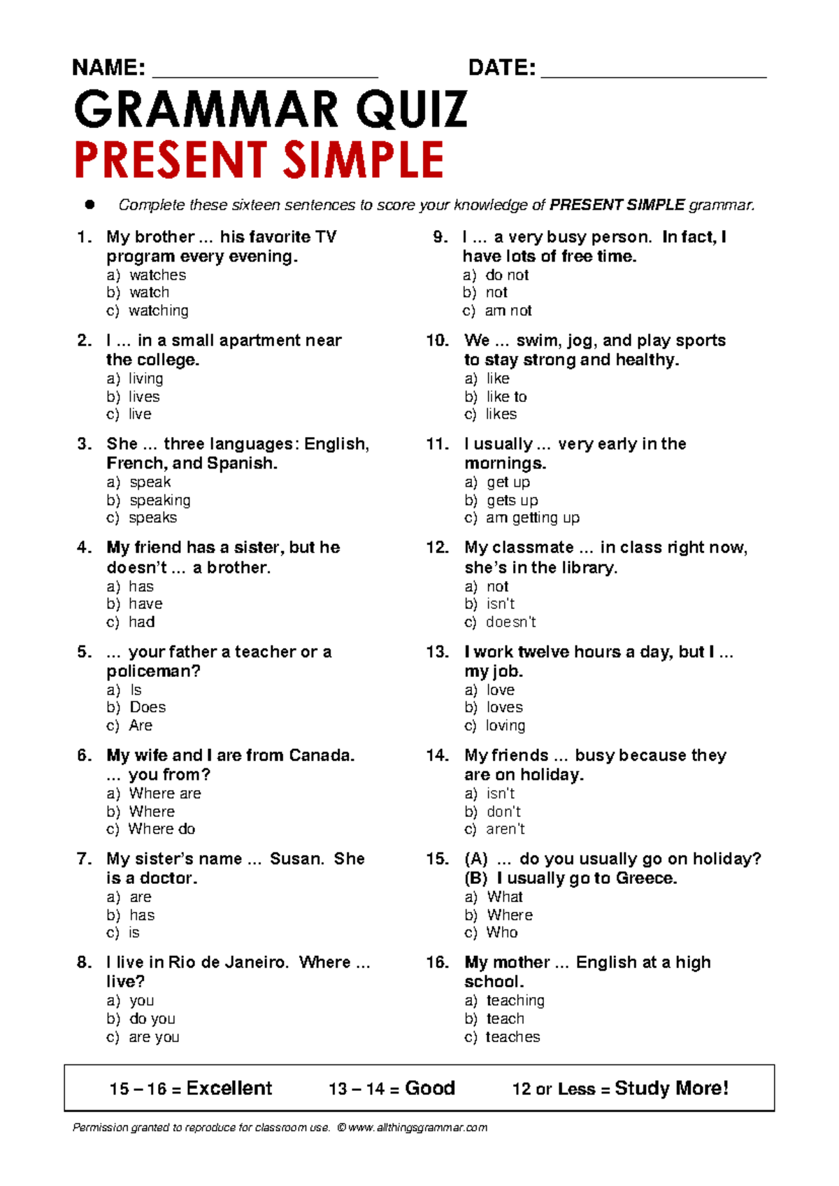 GRAMMAR QUIZ: PRESENT SIMPLE (Bài tập trắc nhiệm) - Studocu
