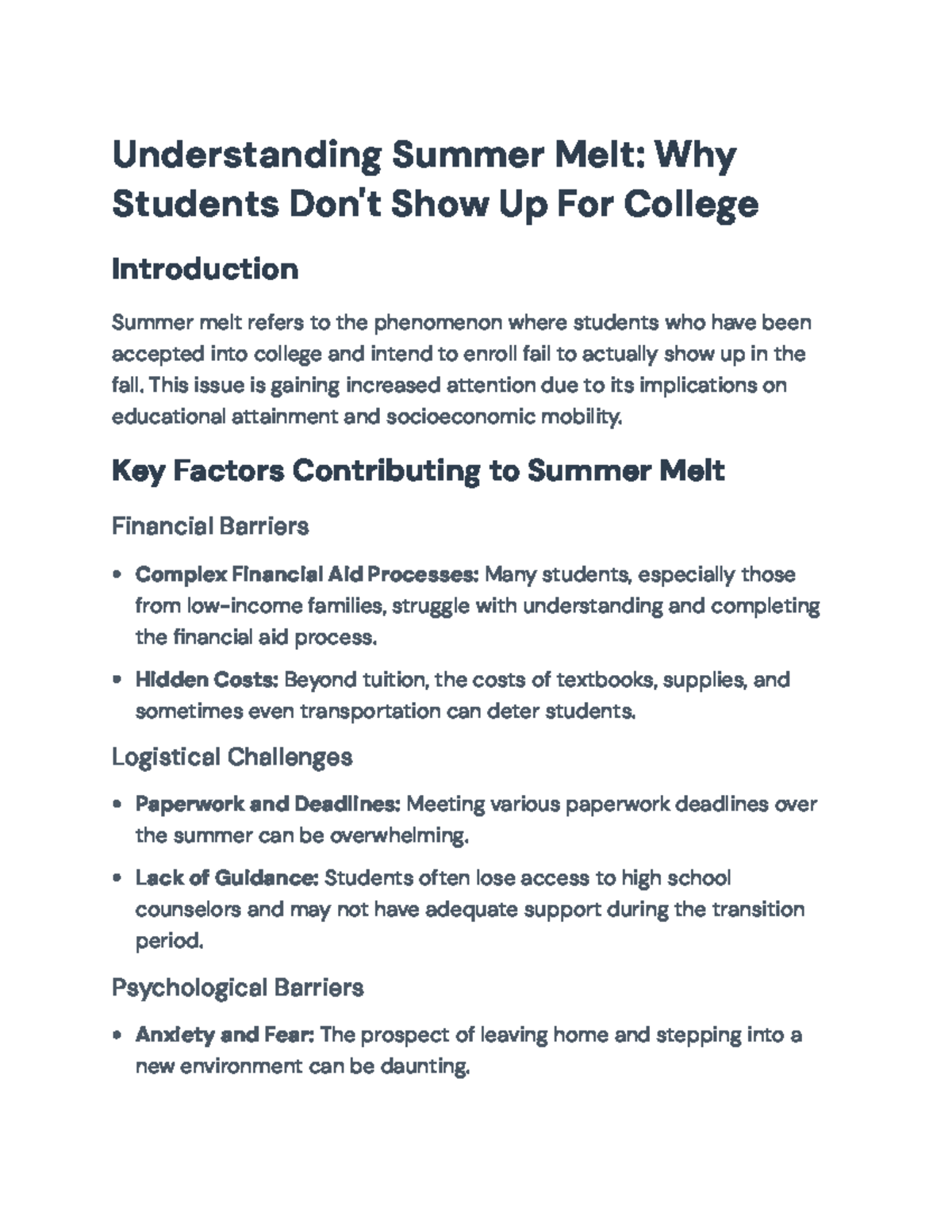 Understanding Summer Melt: Factors and Solutions for College Enrollment ...