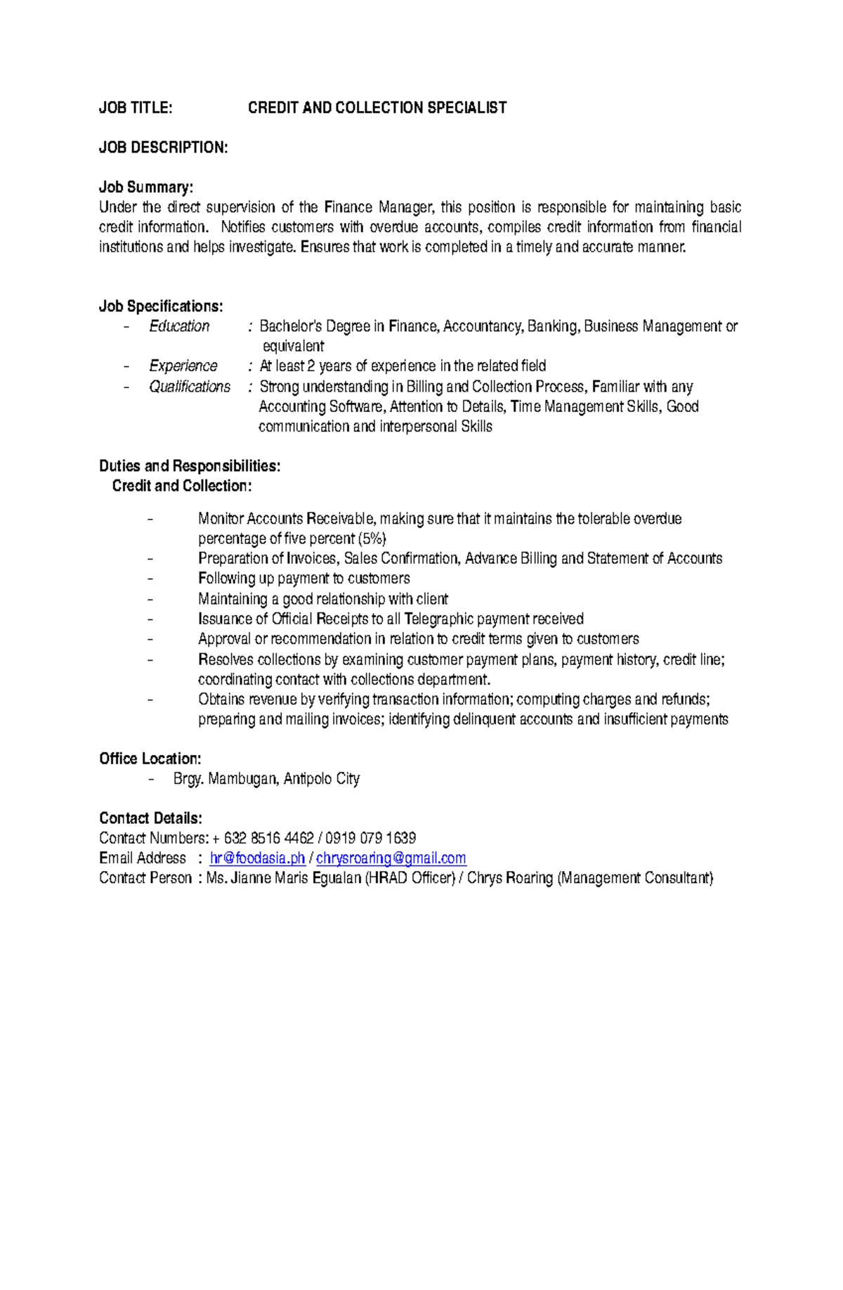 Credit and Collection Specialist - JOB TITLE: CREDIT AND COLLECTION ...