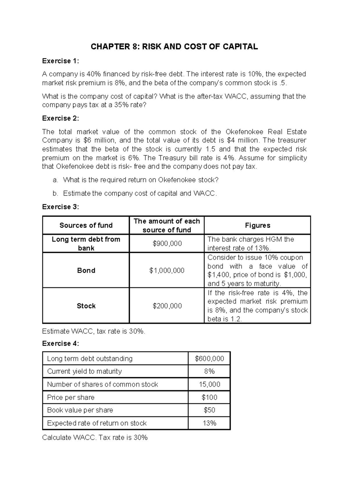CHAPTER 8: RISK AND COST OF CAPITAL Exercises and Solutions - Studocu