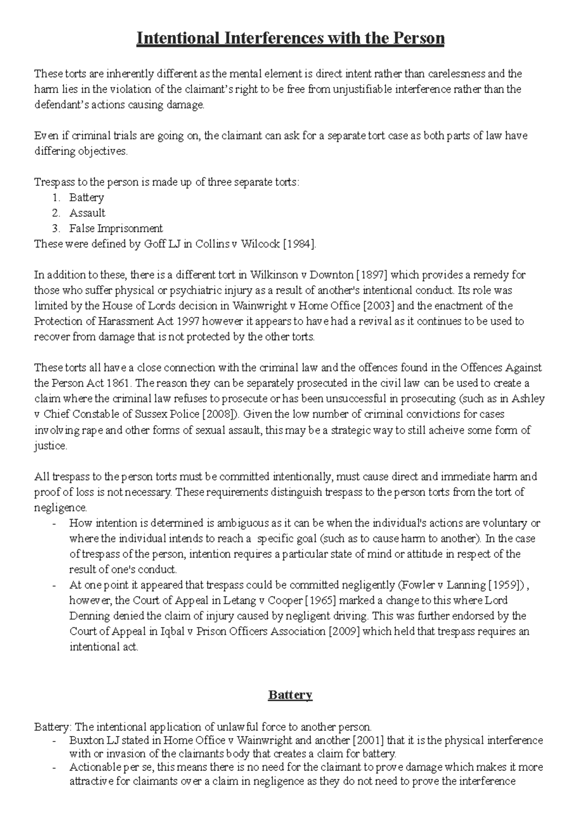 Torts of Intentional Interference with the Person: A Comprehensive ...