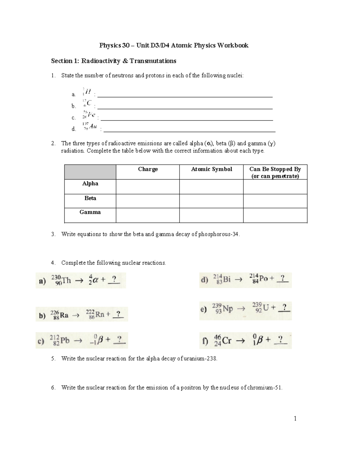 Physics 30 D3 D4 Atomic Physics Workbook: Radioactivity & Nuclear ...