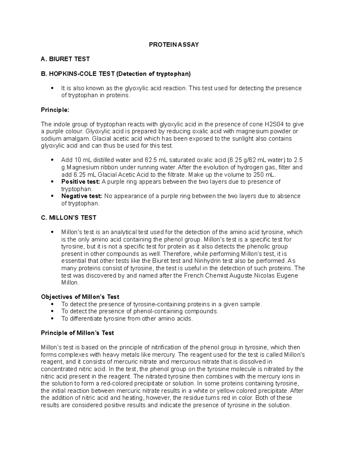 Protein- Assay - None - PROTEIN ASSAY A. BIURET TEST B. HOPKINS-COLE ...