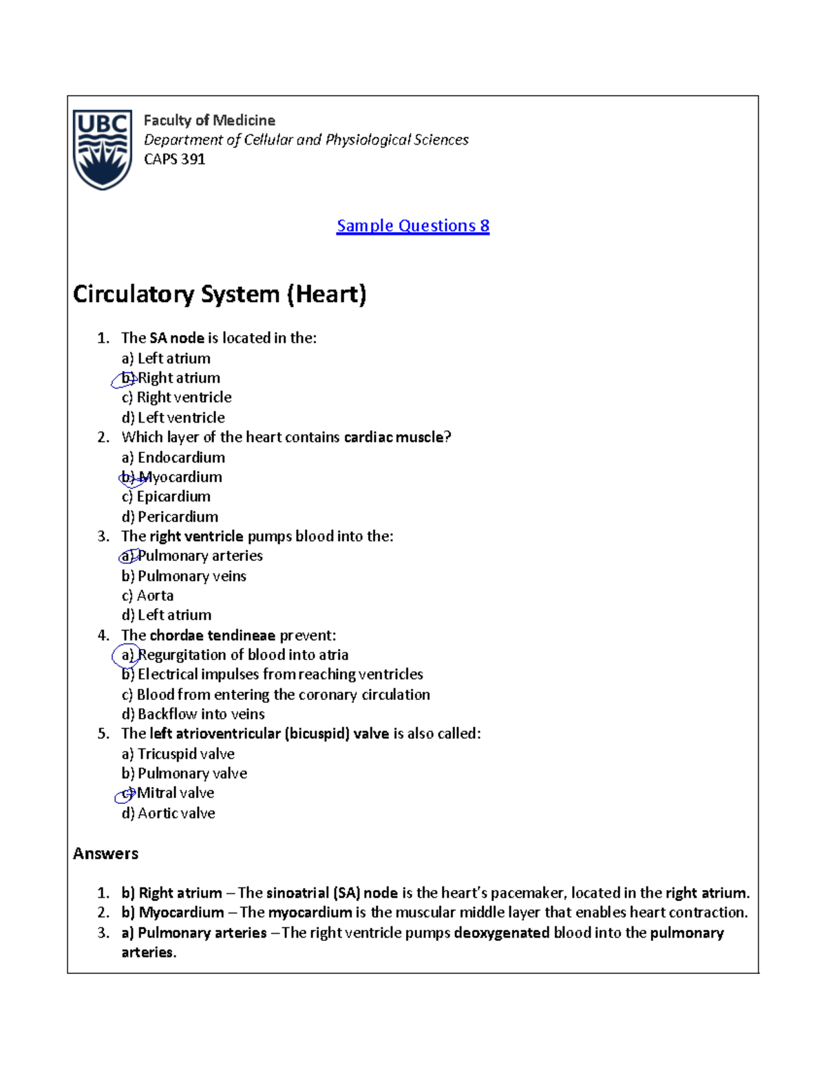CAPS 391 Sample Questions 8: Circulatory & Lymphatic Systems - Studocu
