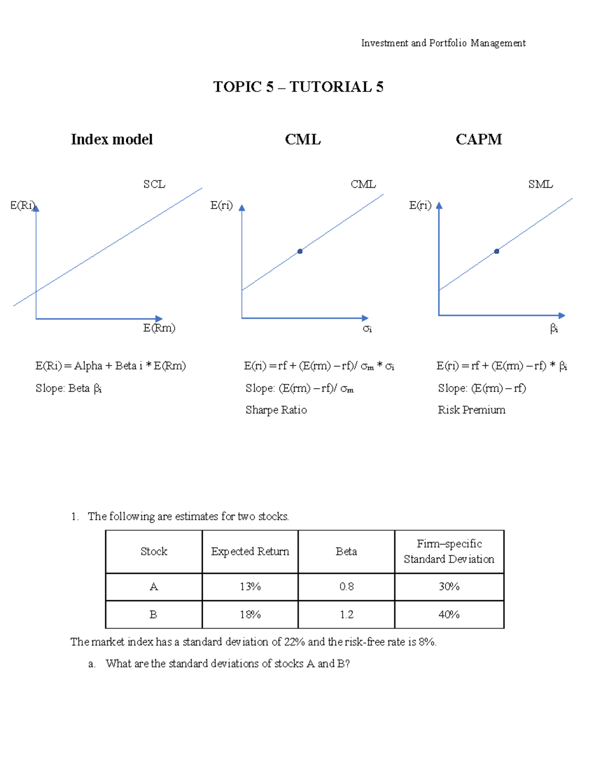 Tutorial 5 - Solutions - TOPIC 5 3 TUTORIAL 5 Index model CML CAPM SCL ...