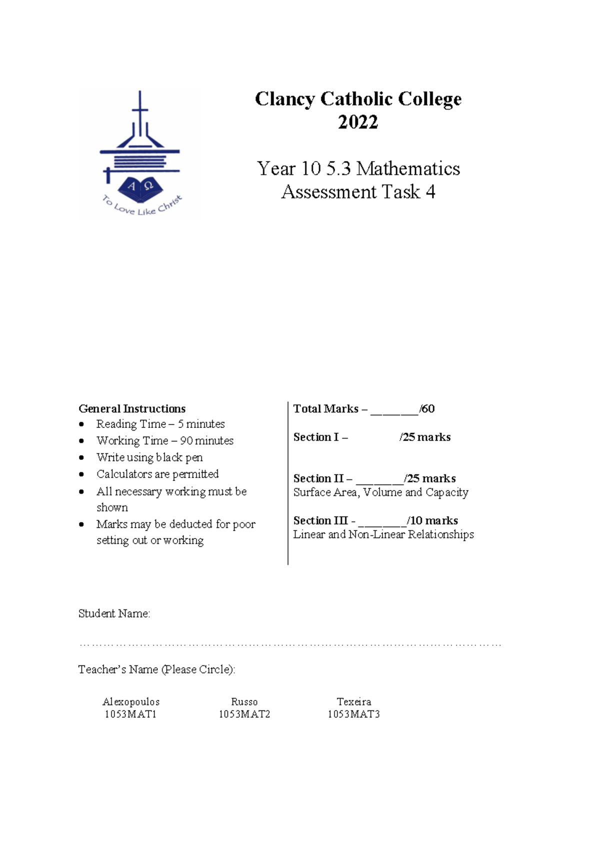 2022 - Year 10 5.3 Maths Assessment Task 4: Surface Area & Linear ...