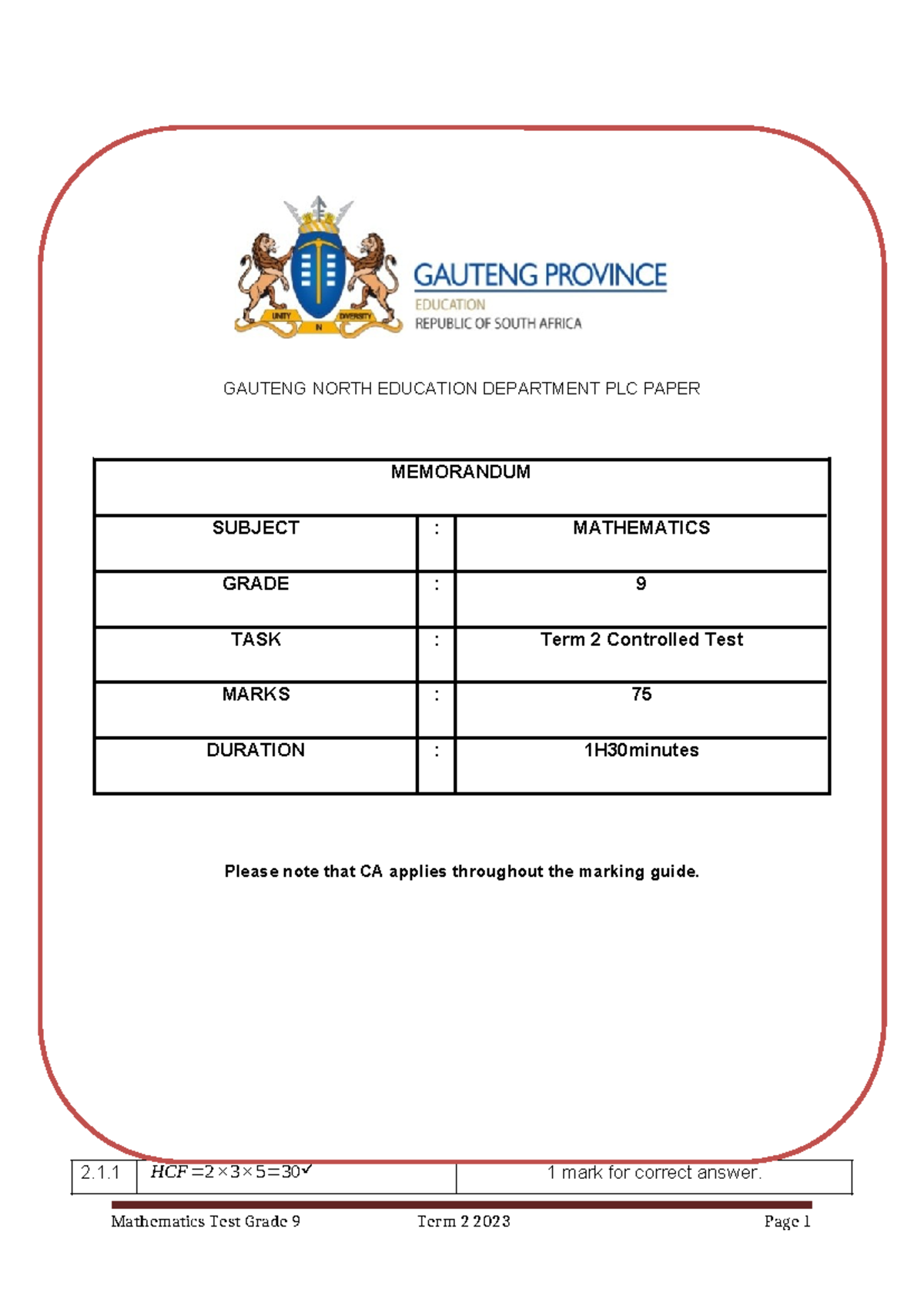 Grade 9 Mathematics Term 2 Controlled Test Memo 2023 - GAUTENG NORTH ...